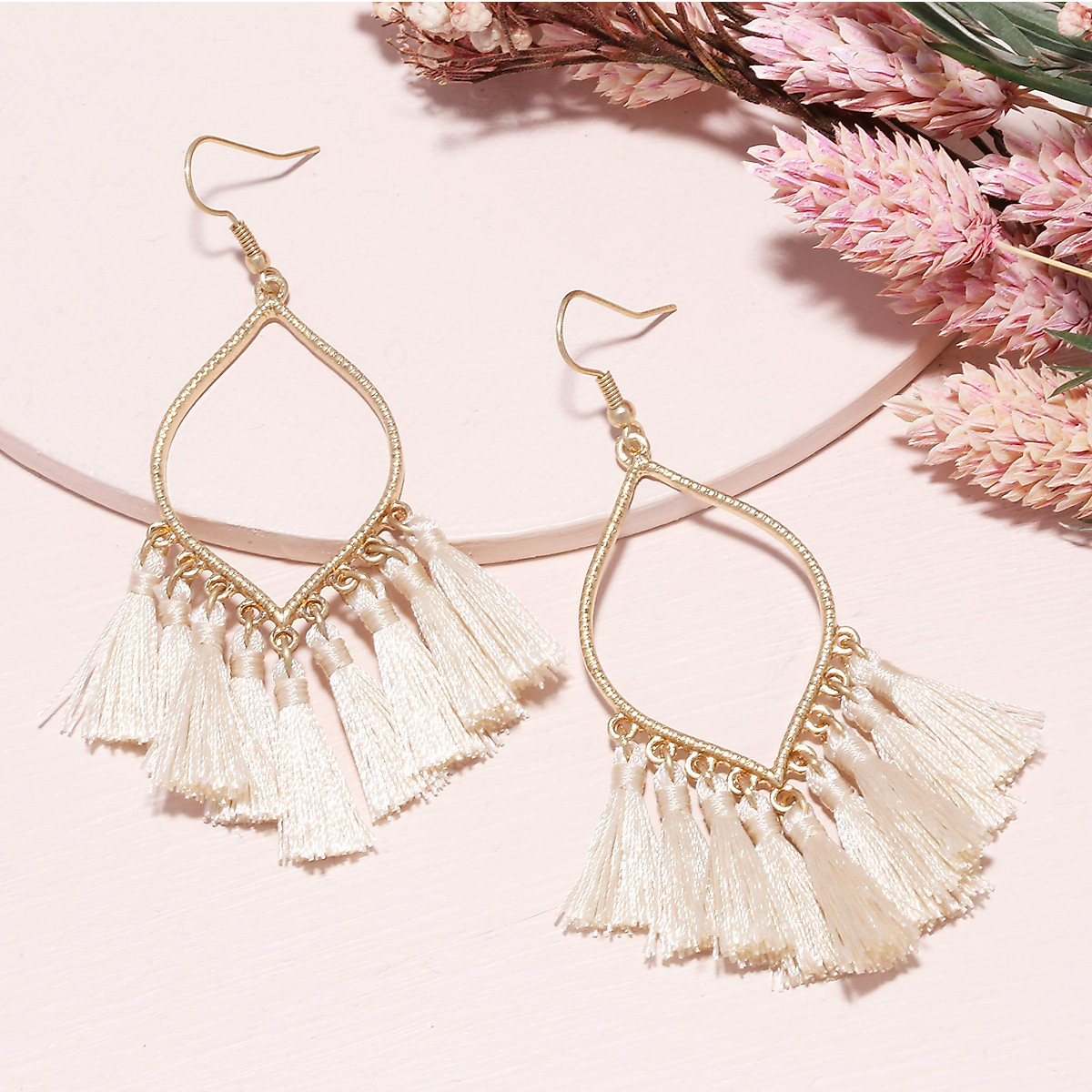 Boho Rhombus Metal Frame with Tassels Dangle Drop Earrings for Women