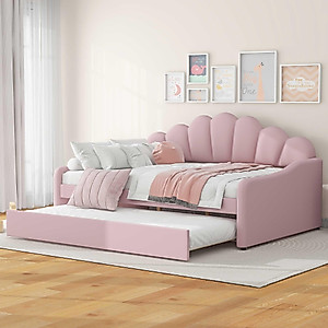 SOFTSEA Daybeds with Trundle, Full Upholstered Daybed with Trundle, Pink Modern Velvet Upholstered Daybed with Shell Headboard, Full Size Tufted Sofa Bed Daybed Frame for Bedroom, Pink