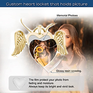 SOULMEET 10k 14k 18k Solid Yellow Gold Angel Wings Heart Shape Locket Necklace That Holds 2 Pictures Personalized Letters Engraved Custom Image Locket (Custom Photo & Text)