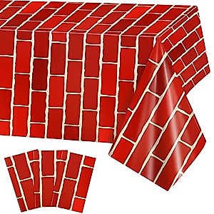 PHOGARY 3 Red Brick Tablecloth, Stone Wall Backdrop Xmas Decorations, Disposable Plastic Rectangular Table Covers, Photo Brick Decal Background for Winter Halloween Christmas Party