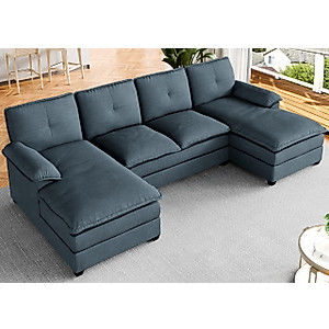 Meilocar Sectional Couches for Living Room, U Shaped Couch 110in Sectional Sofa, 4 Seat Large Sofa with Wide Chaise Lounge and Double Seating Cushions, Cloud Couch for Living Room (Grey)