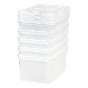 IRIS USA Letter/Legal File Tote Box, 5 Pack, BPA-Free Plastic Storage Bin Tote Organizer with Durable and Secure Hinged Latching Lid, Stackable and Nestable, Clear