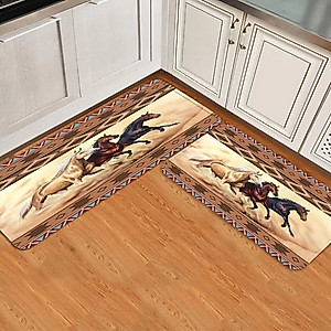 DINJUNA Running Horse Kitchen Rug Set 2 Pieces Horses Herd Run in Desert Sand Storm Floor Mats American Doormat Anti Fatigue Non-Slip Chef Sink Runner Rugs Bedroom Area Carpet, 17.7'' X 47.2''