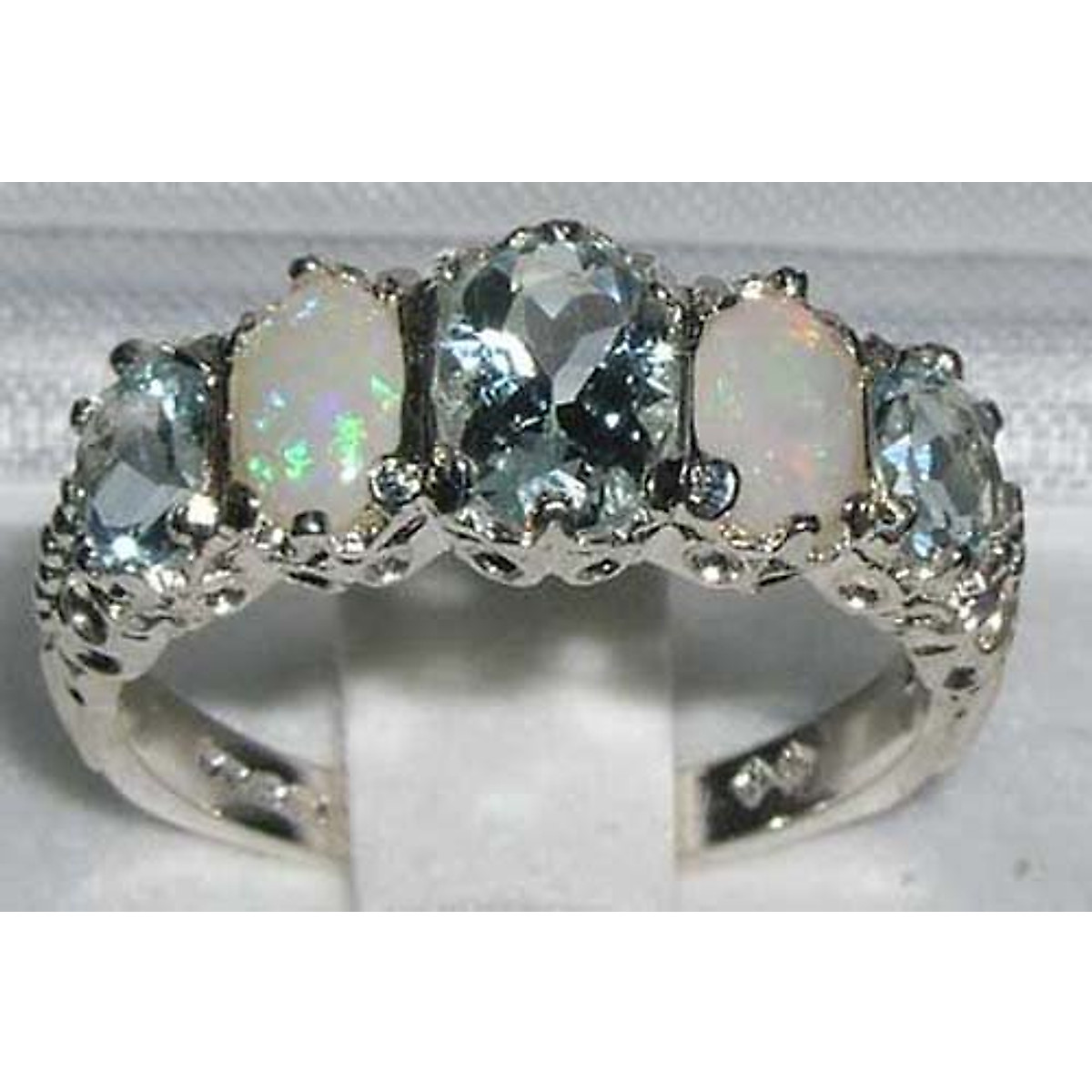 LetsBuyGold 925 Sterling Silver Real Genuine Aquamarine and Opal Womens Promise Ring - Size 9