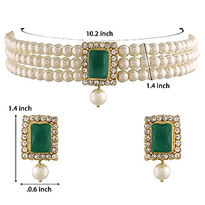 I Jewels Gold Plated Indian Wedding Bollywood Stone Pearl Choker Necklace Jewellery Set For Women (Green)
