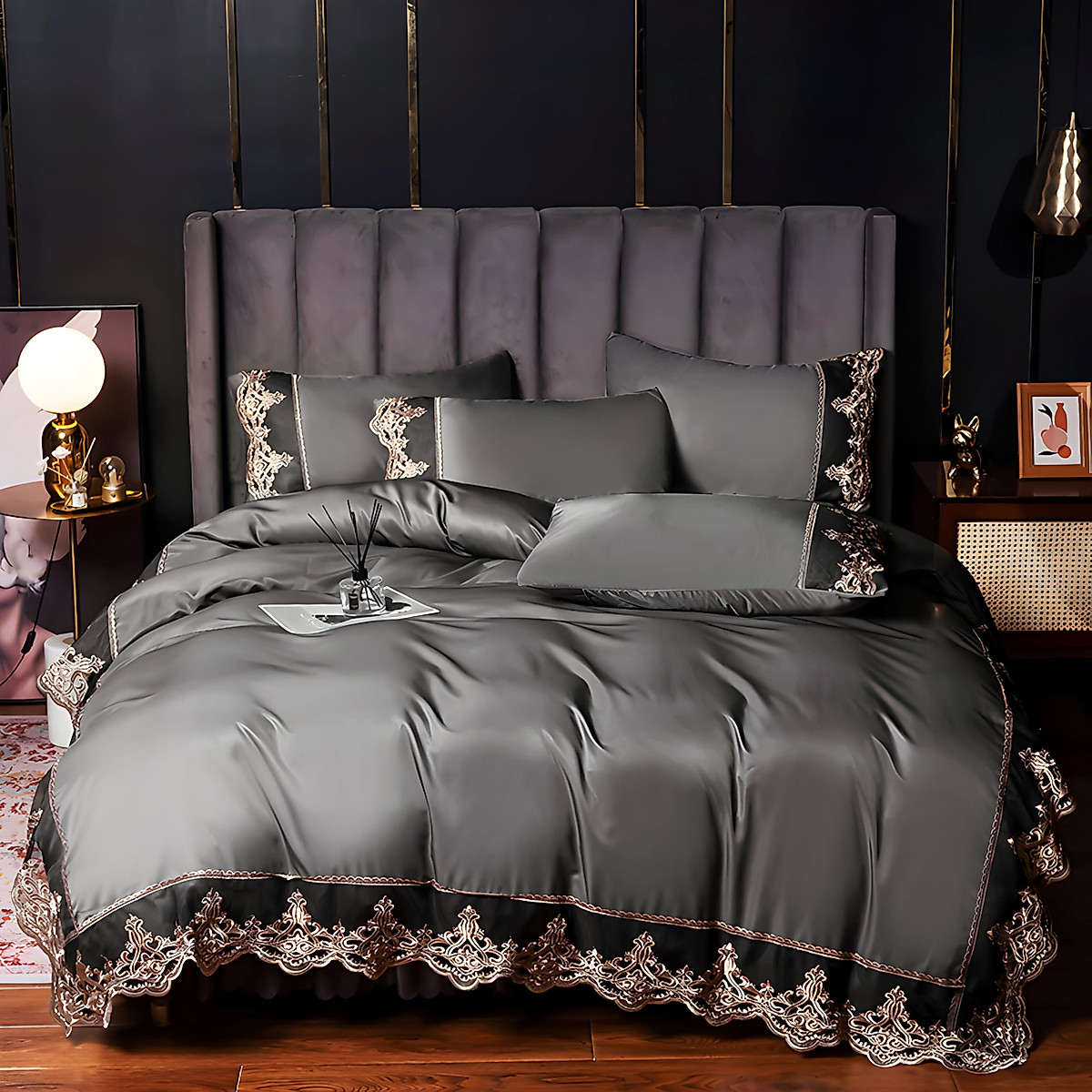 Maschringer 6 Luxury Satin King Size Duvet Cover and Pillow Set Grey King Duvet Covers(U.S. Standard) Perfect for Wedding or Romantic Nights. Cooling and Soft Bedding