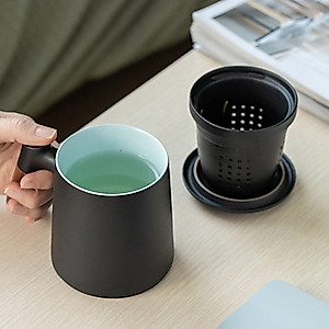 Gegong Rosewood Handle Tea Mug with Infuser and Lid, 13.5oz Steeping Tea Cup with Stainless Steel Filter (Black)