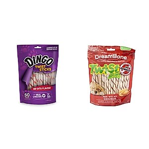 Dingo Twist Sticks Rawhide Chews, Made with Real Chicken, 50 Count and DreamBone Twist Sticks, Made with Real Chicken, Rawhide-Free Chews for Dogs, 50 Count