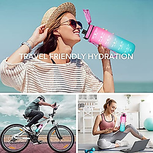 GOSWAG 32oz Motivational Water Bottles with Time Marker & Fruit Strainer with Times to Drink, Leakproof & BPA Free, Reusable Plastic Sports Bottle with Strap no Straw for Gym & School