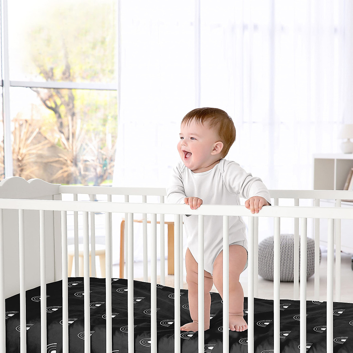 Sweet Jojo Designs Black and White Boho Rainbow Boy or Girl Fitted Crib Sheet Baby or Toddler Bed Nursery - White and Black Bohemian Celestial Sky Outdoors Nature Gender Neutral