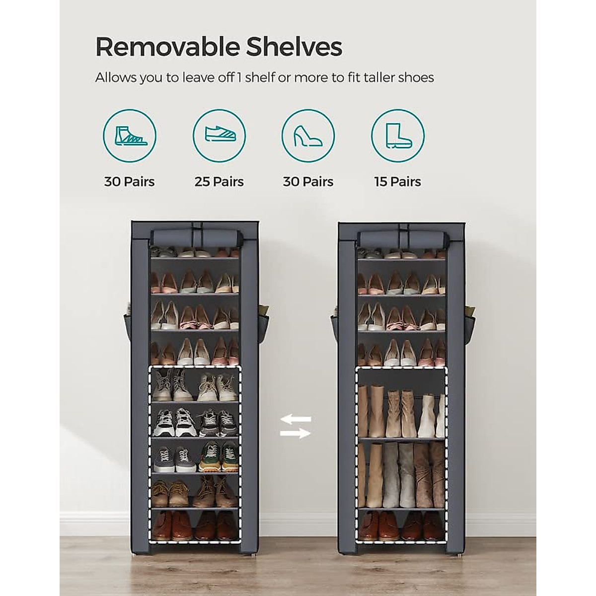 SONGMICS Shoe Rack, 9 Tier Shoe Organizer with Nonwoven Fabric Cover, Shoe Storage Shelf for 27-35 Pairs of Shoes, Entryway, Suitable for Sneakers, High Heels, Flats, and Boots, Grey URXJ10G