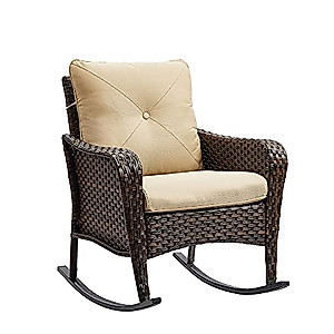Rilyson Rocking Chair Outdoor，Patio Wicker Rocker Chair Porch Lawn Rocking Chair Deep Seating with Cushion (Brown/Beige)