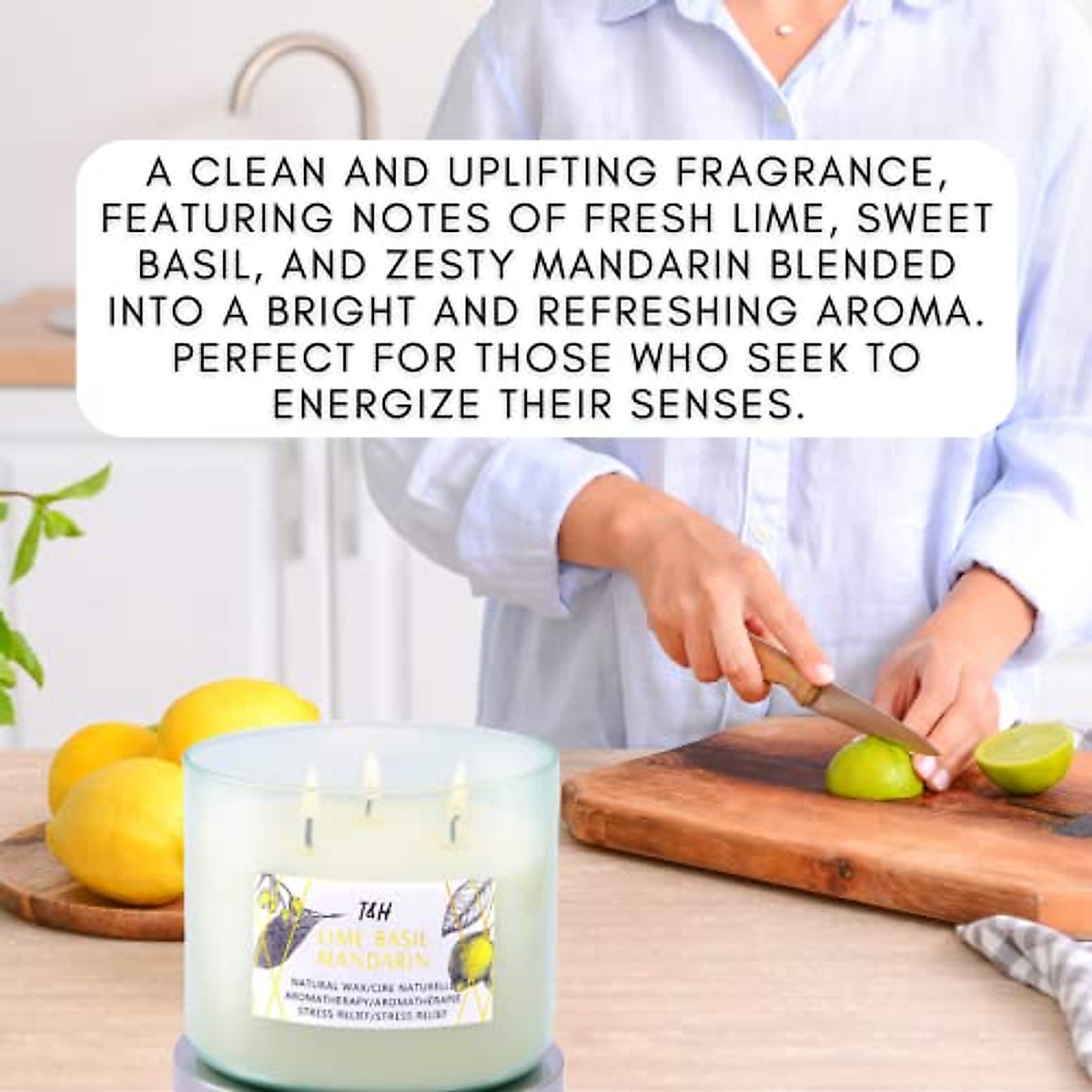 Lime Basil Mandarin 3 Wick Scented Candle with Sandalwood, Ginger & Sage | Natural Stress Relief Aromatherapy Candle 15.8 oz | Strong Scented Soy Candles for Home | Spring Candles for Men & Women