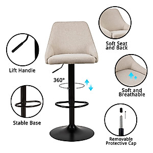 GIA Home Furniture Series Bar Height Adjustable and Swivel Metal Stool with Beige Linen Upholstered Seat, Black, Set of 2