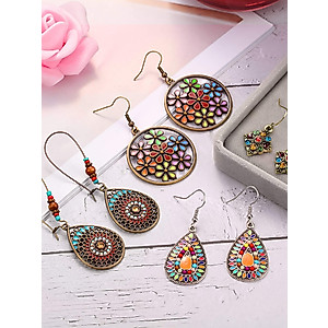 Hicarer Leather Necklace Bead Choker Adjustable Vintage Turquoise Necklace Handmade Woven Beaded Bracelet with 4 Pairs Bohemian Vintage Dangle Earrings Jewelry for Women