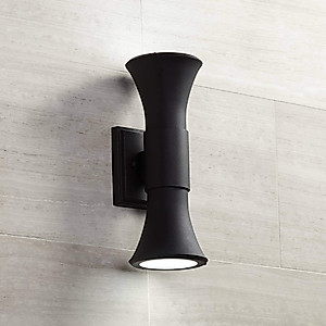 Possini Euro Design Joan Modern Outdoor Wall Light Fixture LED Textured Black Aluminum 14" Sanded Glass Up Down for Exterior House Porch Patio Outside Deck Garage Yard Front Door Garden Home