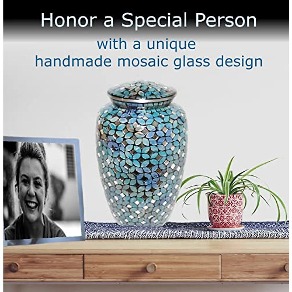 Mosaic Glass Cremation Urn - Hand Made Funeral Urn for Human Ashes - Large Adult Size Burial Urn - Aluminum with Hand applies Individual Tiles Create a one of a Kind Work of Art - 200 cu in (Blue)