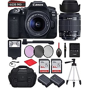 90D DSLR Camera with EF-S 18-55mm f/3.5-5.6 is STM Lens Bundle, Starter Kit with Accessories (Gadget Bag, Extra Battery, Digital Slave Flash, 128Gb Memory, 50" Tripod and More)