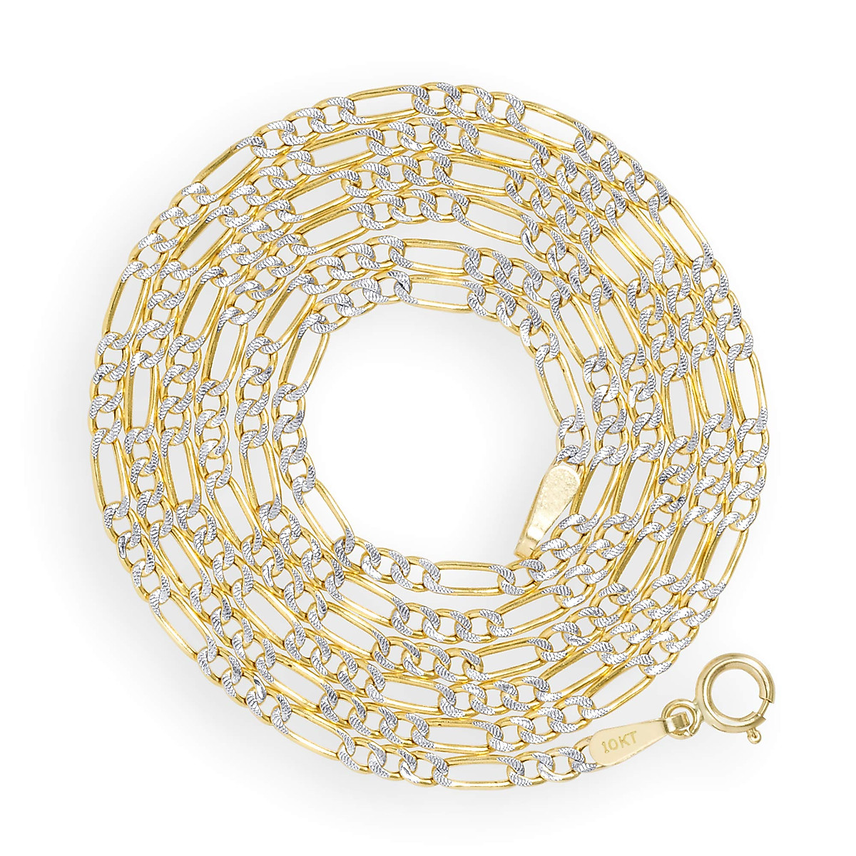 Nuragold 10k Yellow Gold 2mm Figaro Chain Link Diamond Cut Pave Two Tone Pendant Necklace, Womens Mens Jewelry 16" 18" 20" 22" 24"