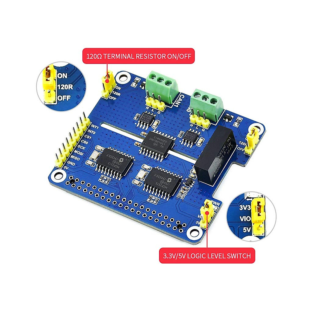 Coolwell Waveshare 2-Channel Isolated CAN Bus Expansion HAT for Raspberry Pi Series Boards MCP2515 + SN65HVD230 Dual Chips Solution Multi Allows 2-CH CAN Communication