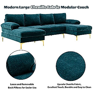 Olela U Shape Sectional Sofa,Modern Large Chenille Fabric Modular Couch,Extra Wide Sofa with Chaise Lounge and Golden Legs for Living Room (Teal)