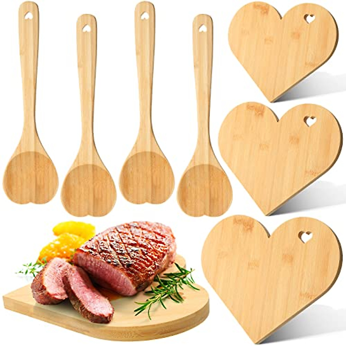 7 Pcs Heart Wood Cutting Board and Spoons Kitchen Utensils Set Include 3 Pcs Cutting Board and 4 Pcs Bamboo Spoons for Valentine's Day Gifts Charcuterie Stirring