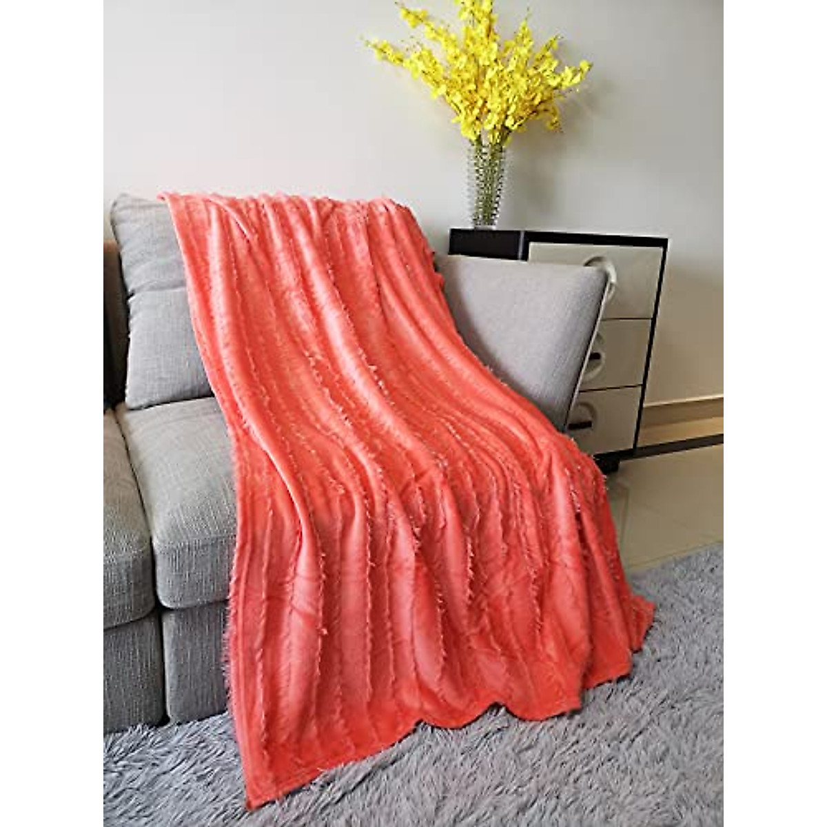 Cazlon Eyelash Textured Boho Style Decorative Throw Blanket,100% Oeko-Tex Certified Flannel Blanket, Lightweight Cozy Throw for Bed Sofa Couch (50"x60", Coral Orange)