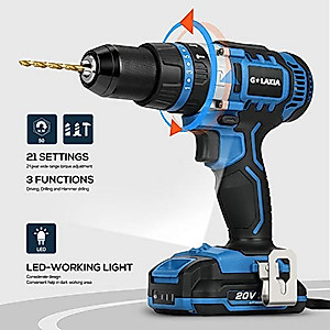 G LAXIA 20V Lithium Ion 2-Speed Cordless Drill Driver with Variable Speed, Max Torque(50N.m), 21+3 Clutch, 1/2 inch Keyless Chuck, Built-in LED, Metal Belt Clip, 2.0Ah Battery & 1 Fast Charger
