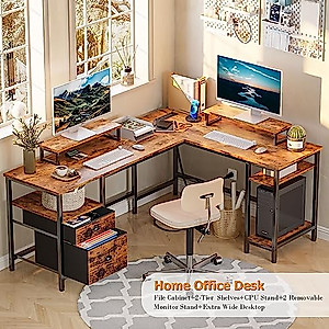 Furologee 66” L Shaped Desk with Power Outlet, Computer Desk with File Drawer & 2 Monitor Stands, Home Office Desk with Storage Shelves, Corner Desk for Gaming Writing, Work Study Table, Rustic Brown