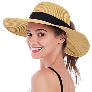 Summer Hats for Women Beach Ponytail Sun Hat Foldable Uv Protection Sun Hat with Ponytail Hole Wide Brim Straw Hat Women,Beige Ponytail Sun Hats for Women