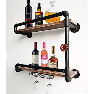BSTGIFTS Wall Mounted Wine Rack - Wine Bottle Glass Holder - Industrial Pipe Floating Shelves - 2-Tiers Wood Shelf, Storage Shelves