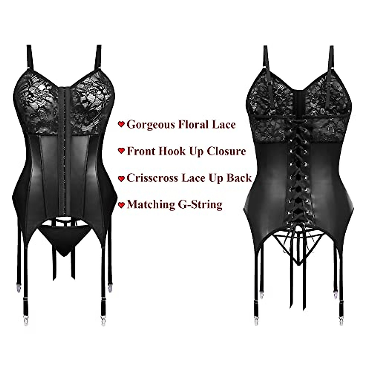 Avidlove Women Lingerie Back Lace Up Corset Bodysuit Women Lace Lingerie Set With Garter Belts Black