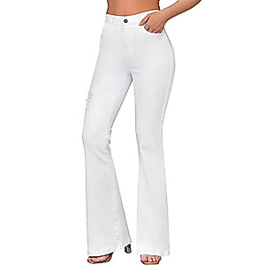 roswear Women’s High Waisted Bell Bottom Stretch Ripped Curvy Flare Jeans White Small