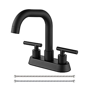 Cinwiny Matte Black 4 inch centerset Bathroom Sink Faucet Two Handle Vanity Lavatory Faucet Swivel Spout 360 Degree Deck Mounted Mixer Tap Water Supply Hoses