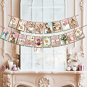 Pink Christmas Decorations Vintage Style Santa Claus Elk Gingerbread Banner Merry Christmas Hanging Banner for Home Office Party Fireplace Christmas Party Supplies