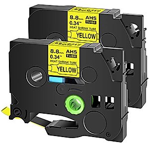 Cruxer Compatible for Brother HSE621 HS2-621 8.8mm 3/8" (0.34 Inch) Heat Shrink Tube Label Tape Black on Yellow for PTE550 PTP750 PTD210 PTD450 PTD400AD PTH110 PT710BT Label Maker, 2-Pack