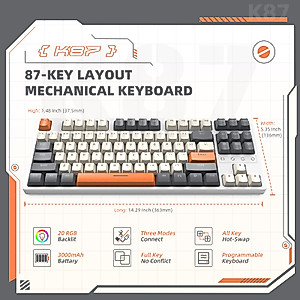 ZIYOU LANG K87 TKL Hot Swappable Wireless Mechanical Gaming Keyboard with Custom Coiled USB C Cable, Triple Mode 2.4Ghz/Bluetooth 5.0/Wired, Red Switches 20 RGB Backlit 3000mAh Battery for PC Laptop