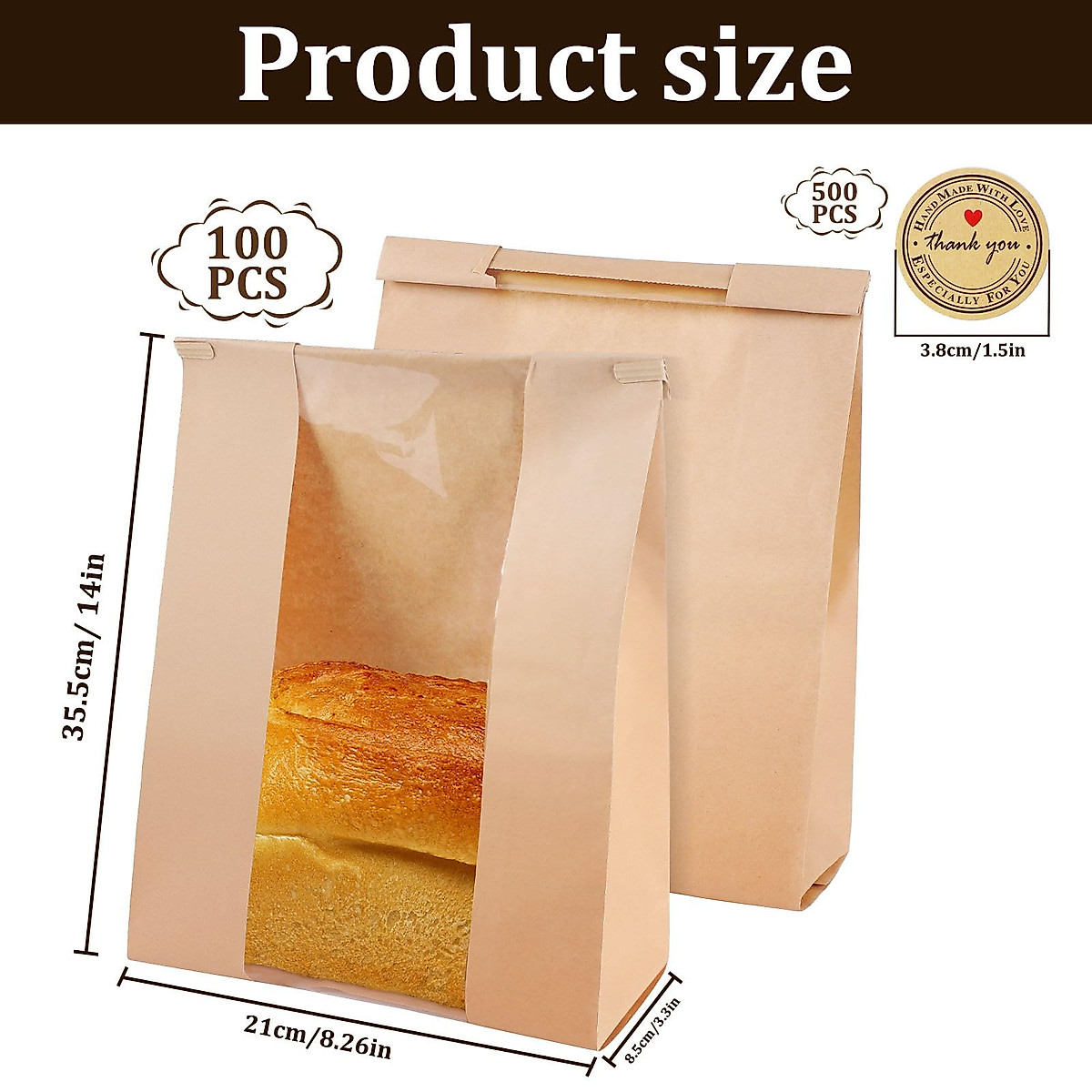 Dualshine 100 Pcs Bread Bags for Homemade Bread Sourdough Bread Bags Paper Kraft with Window Bread Bags 14" x 8.3" x 3.5" with Tin Strip and 500 Pcs Seal Stickers for Cookies Coffee Beans and Bakery