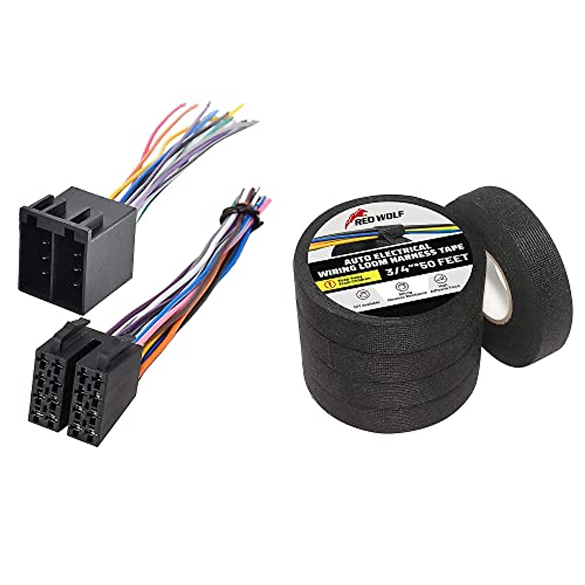 RED WOLF ISO Radio Wire Connector Male & Female w/Wiring Harness Tape 5 Rolls for Peterbilt Freightliner Semi Truck International Volvo Sterling Mack Kenworth Stereo Protection Noise Damping