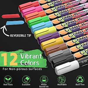 Liquid Chalk Markers Pens - 12 Colors Washable & Wet Erase Neon Chalk Makers for Blackboard, Chalkboard Signs, Glass Window, Graduation Celebration School Kids Art - Erasable Window Markers for Cars