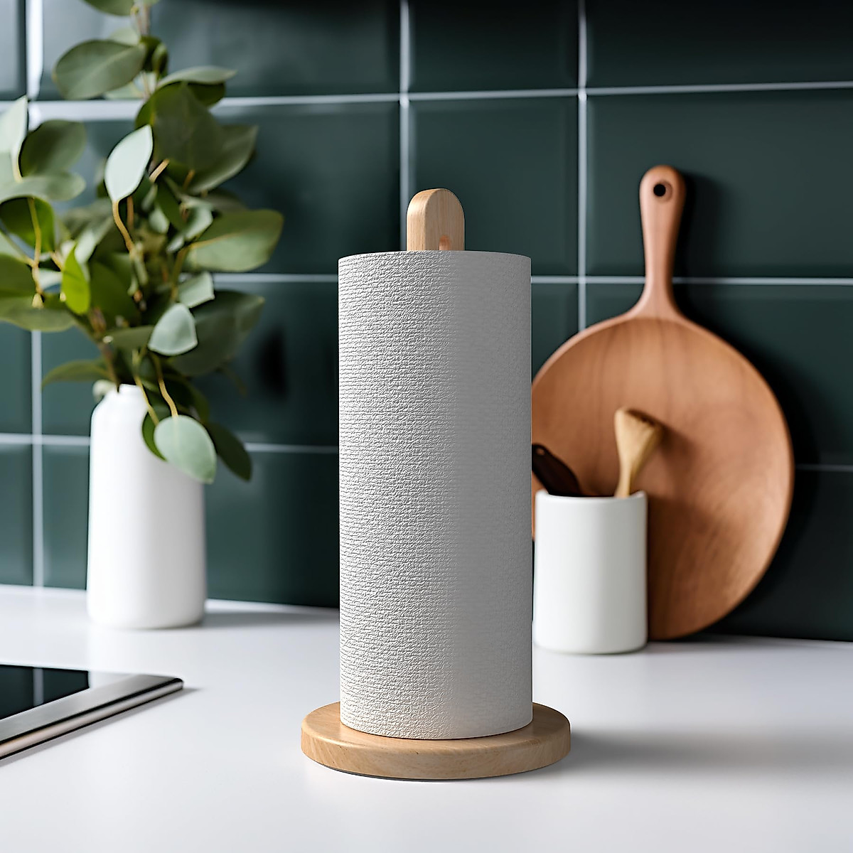 KitchLife Wooden Paper Towel Holder, Upgraded Size - Kitchen Paper Hanger Rack Bathroom Towel Roll Stand Organizer Simply Standing Countertop Paper Roll Holder