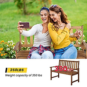 Yewuli Patio Bench Park Garden Bench Acacia Wood Outdoor Bench with Armrests, 350Lbs Weight Capacity Wooden Furniture Front Porch Chair Bench for Pool Beach Backyard Balcony Porch Deck