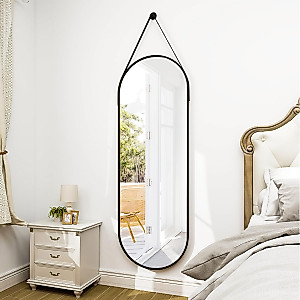 XRAMFY 16''x48'' Full Length Mirror with Hanging Leather Cord,Modern Aluminum Frame Full Body Hanging Mirror for Bathroom Vanity Living Room Bedroom Entrance