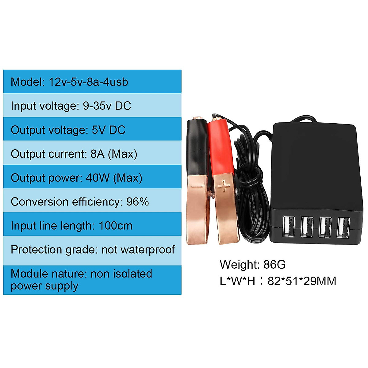 DC Converter with Battery Clip 12V 24V to 5V 8A USB Power Adapter Buck Regulator Charger, 4 Ports Automatically Identify shunt Charging, Suitable for iPhone Android Samsung Galaxy S10 s9 Plus