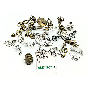 ALIMITOPIA 100 Grams Assorted Skull Skeleton Bone Punk Steampunk Charm Pendant Connector for DIY Necklace Bracelet Jewelry Making Findings