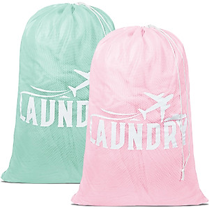 2 Pack Large Mesh Laundry Bag, Heavy Duty Laundry Bags with Drawstring, Laundry Hamper Liner, Machine Washable, for Travel, Storage, Sports, Dorms and Apartment Dwellers, 24 x 36 Inches (Pink+Green)