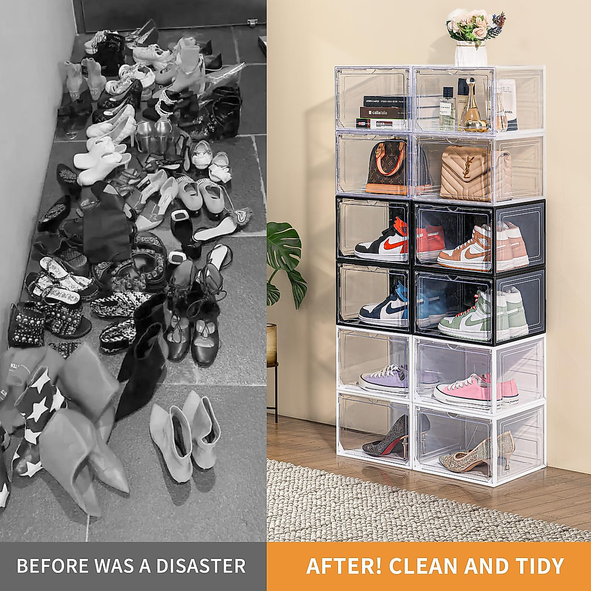 12 Pack Clear Shoe Boxes Stackable,Large Shoe Storage Organizer with Magnetic Door,Drop Side Shoe Containers for Entryway,Sneaker Storage Fit up to US Size 13 for Men/Women(13’’x 10.62”x 8.26”）