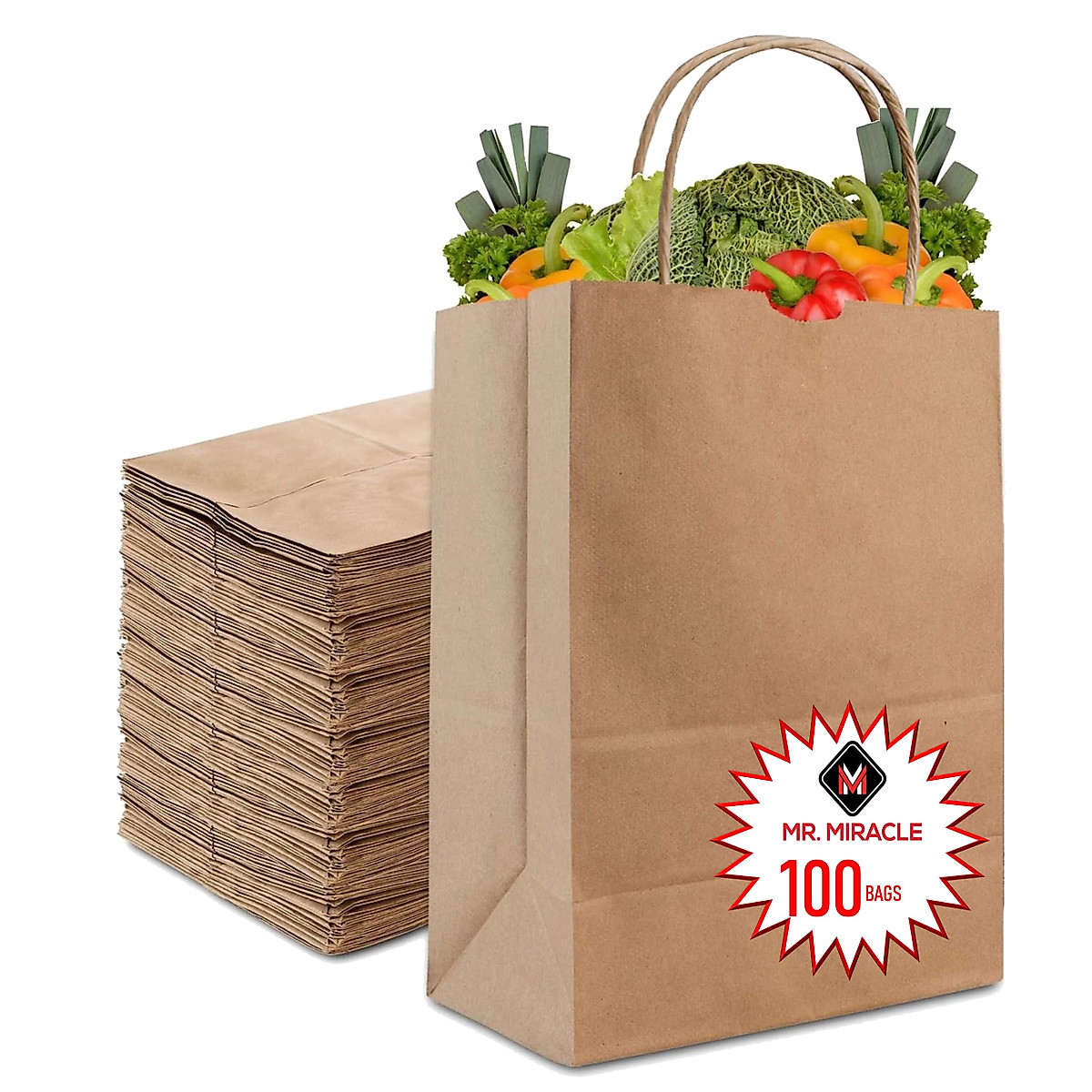 57 Lb Large Kraft Paper Grocery Bags with Handles - 50 Count 12 x 17 x 7 - Durable, Reusable & Eco-Friendly Shopping Bags, Brown Kraft Take-Out Bags for Retail, To-Go, Any Occasion (50, With Handles)