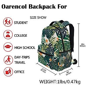 Oarencol Tropicalsummer Hawaiian Flower Palm Leaves Orange Floral Backpacks Bookbags Daypack Travel School College Bag for Womens Girls Mens Boys Teens