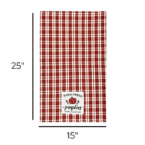 Serafina Home Fall Pumpkin Kitchen Dish Towels Set, 3pc: Colorful Autumn Red Orange Plaid with Farm Fresh Pumpkins Rustic Applique Background.
